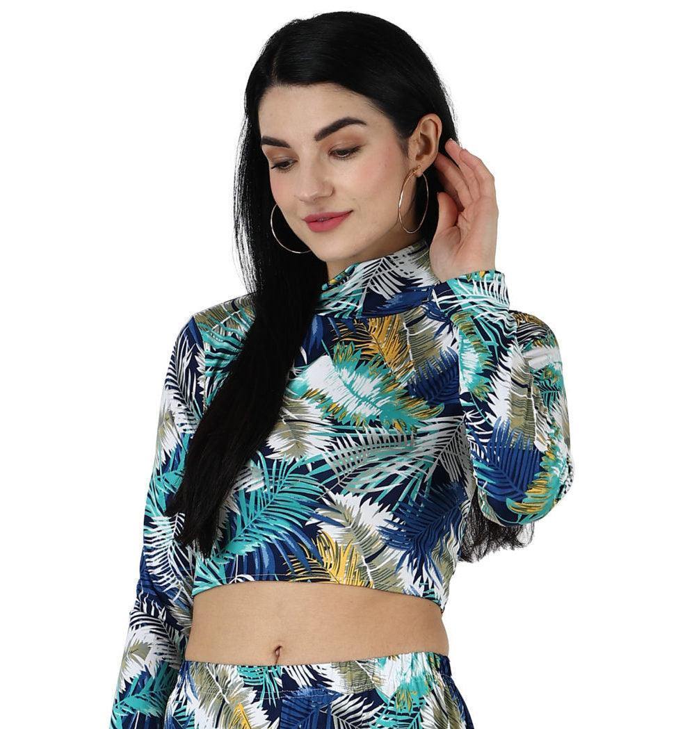 Leaf Print Turtle Neck Crop Top with Long Sleeves & Back Knot Tie ...